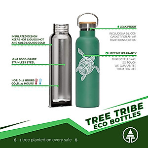 Tree Tribe Green Turtle Water Bottle - Eco Friendly Stainless Steel, Indestructible, BPA Free, 100% Leak Proof, Double Wall Insulated for Hot and Cold, Wide Mouth - 20 oz