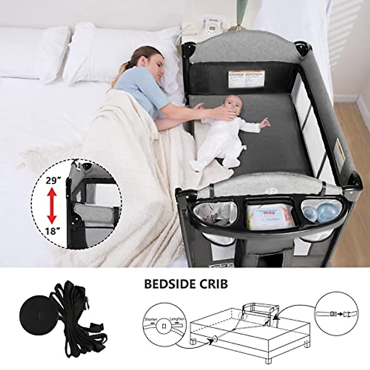 4 in 1 Portable Pack n Play, Baby Bedside Crib w/Bassinet, Folding Nursery Center Playard, Large Playpen for Infant and Toddler, Newborn Changing Table, Storage, Grey Basket, Side Zipper, Travel Bag