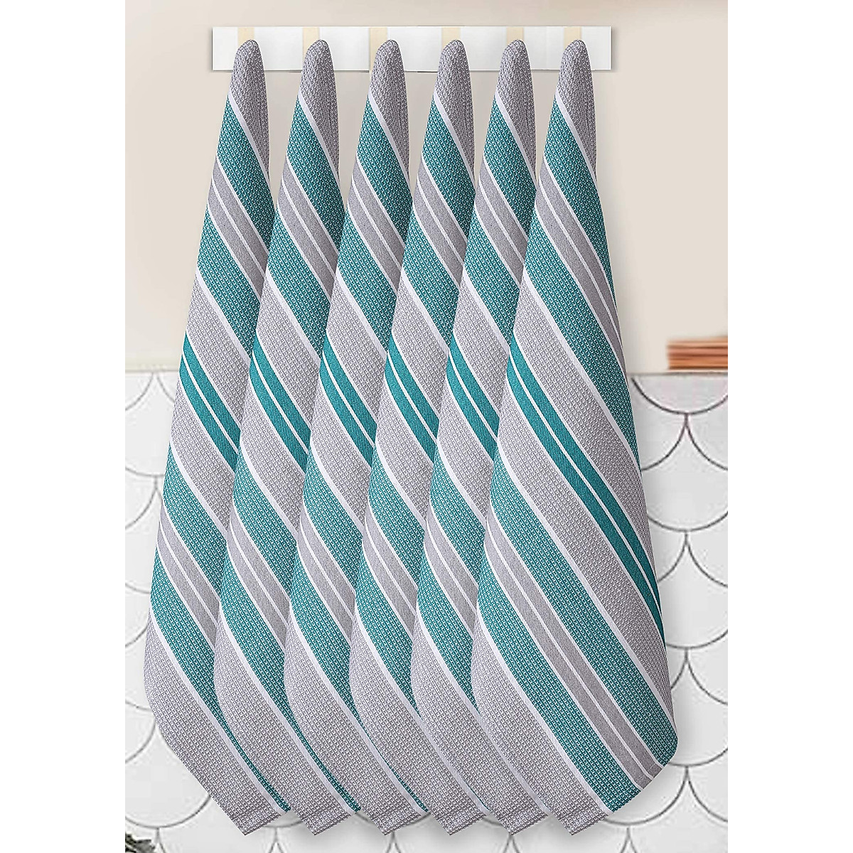 100% Cotton Dish Towels, Honeycomb Pattern, Absorbent, Quick Dry, Professional Grade, Tea Towels Set of 6, Teal Grey, 18x28 Inches