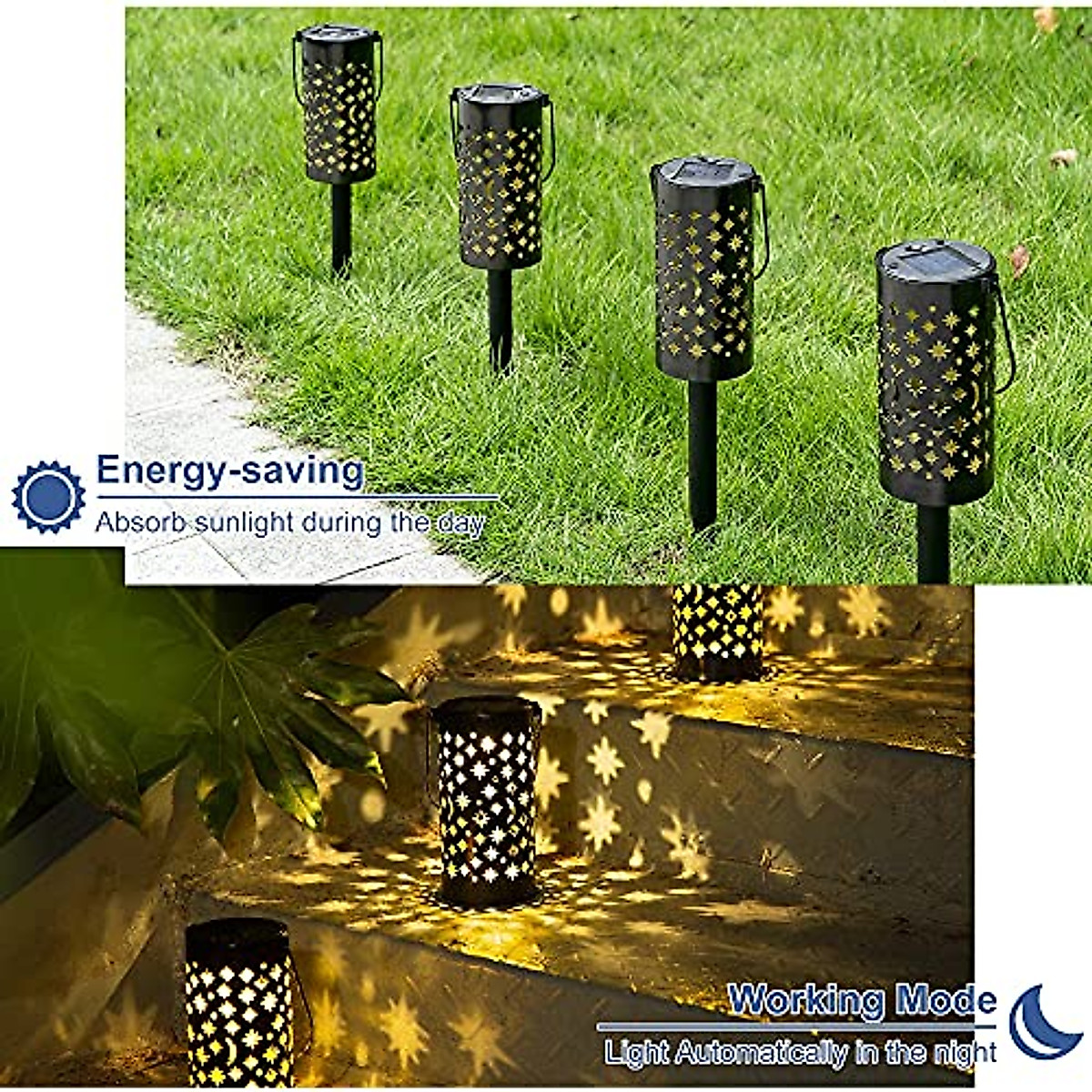 GIGALUMI 6 Pack Solar Lights Outdoor Hanging Lanterns, Metal Star Moon Lantern Lights Decorative with Stakes, Patio Decor Lanterns Outdoor Waterproof for Garden, Yard, Tree, Pathways (Warm White)