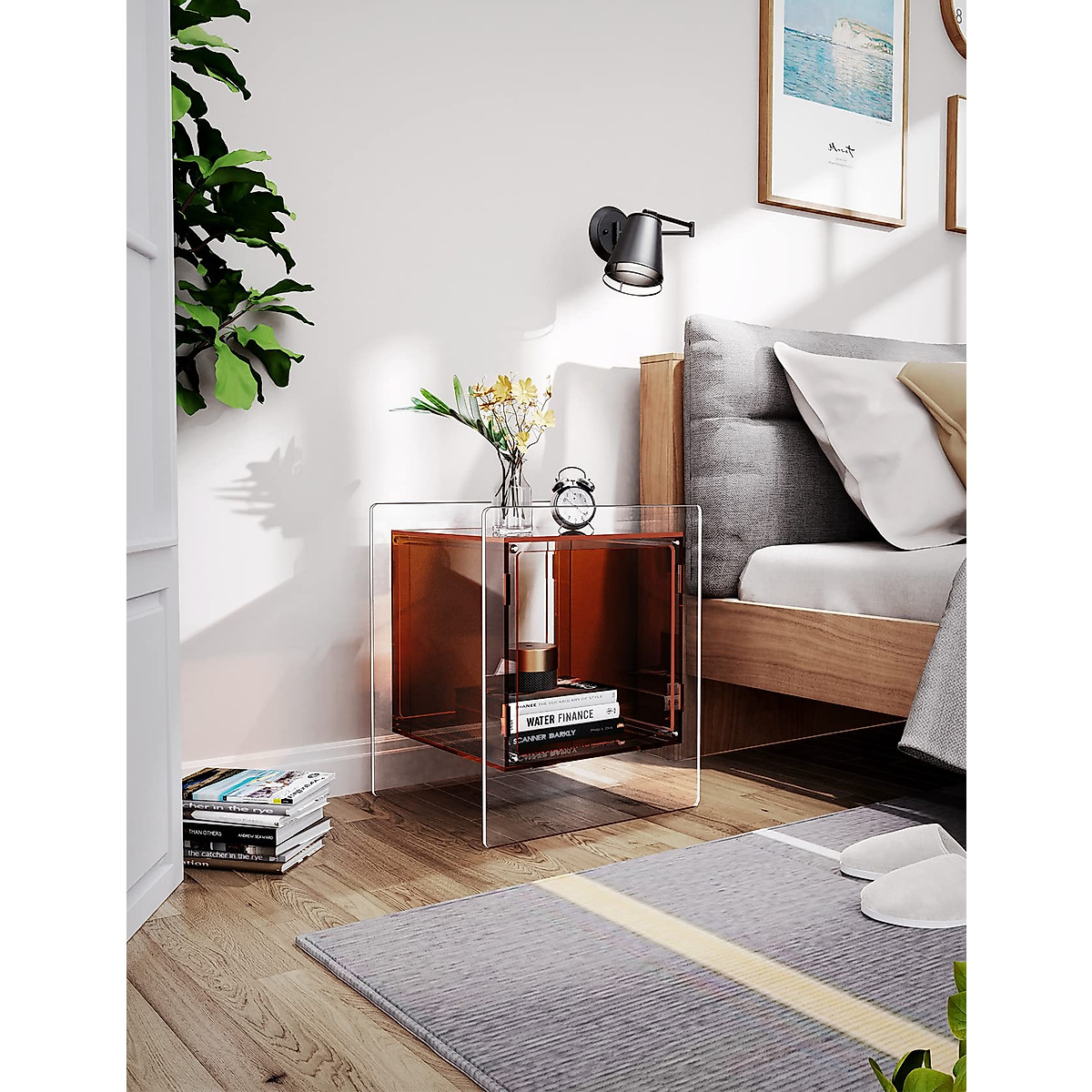 solaround Acrylic Nightstand Colorful Bedside Table with Open Storage Shelf,Clear Side Table for Living Room (1, Dark Brown)