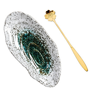 Ceramic Spoon Rest Cooking Spoon Holder for Kitchen Counter/Stove Top/Dining Table with Cute Spoon, Shell Shaped, Modern Farmhouse Decorative, 8.25x3.9 inch Green