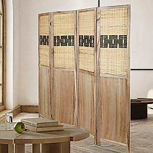 Babion 4 Panel Room Divider, Grass Willow Hand-Woven Screen, Room Dividers and Folding Privacy Screens, Modern Wall Dividers Room Bedroom Decoration, Dividers for Home Office -Brown and Black
