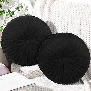 Namalu Round Throw Pillow 13.8 Inch Decorative Round Velvet Floor Pillows Small Pumpkin Throw Cushion for Living Room Sofa Bed(Black,2 Pcs)