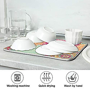 Floral Mandala Trippy Dish Drying Mat 24"x18" Absorbent Machine Washable Hanging Fast Dry Pad Dish Protective Mat for Kitchen Countertop Heat Resistant Dinner Table Mat