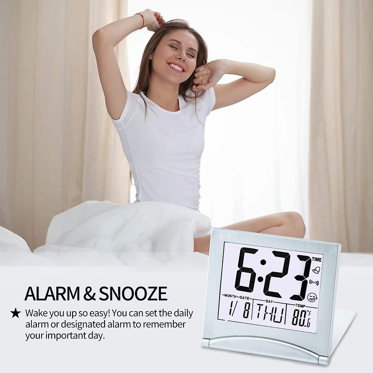 KANBIT Small Digital Travel Alarm Clock Battery Operated, Portable Large Number Display Loud Alarm Clock with Temperature, Night Backlight, 12/24 H Desk Clock -Silver (White Light)