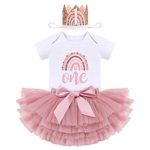 Baby Girls Rainbow 1st Birthday Outfit Romper Tutu Skirt with Diaper Cover Tulle Bloomers and Crown Headband 3PCS Infant Birthday Cake Smash Coming Home Outfit for Photo Prop Dusty Pink + Crown 1 Year