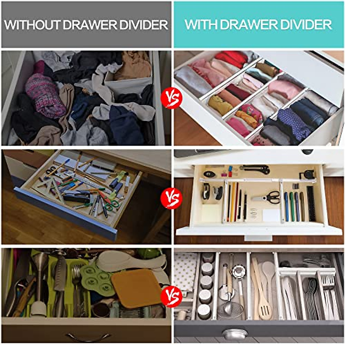 Hoteam 24 Pack Drawer Dividers Organizers for Clothes Adjustable Kitchen Drawer Organizer 3.2 Inch High Dresser Expandable from 11-19 Inch Clear Plastic Separators for Clothing Kitchen Dresser