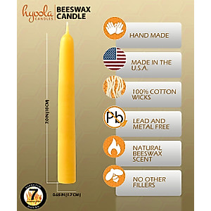 Hyoola 7 Inch Beeswax Taper Candles 12 Pack - Handmade, All Natural, 100% Pure Unscented Bee Wax Candle - Tall, Decorative, Golden Yellow - 7 Hour Burn Time