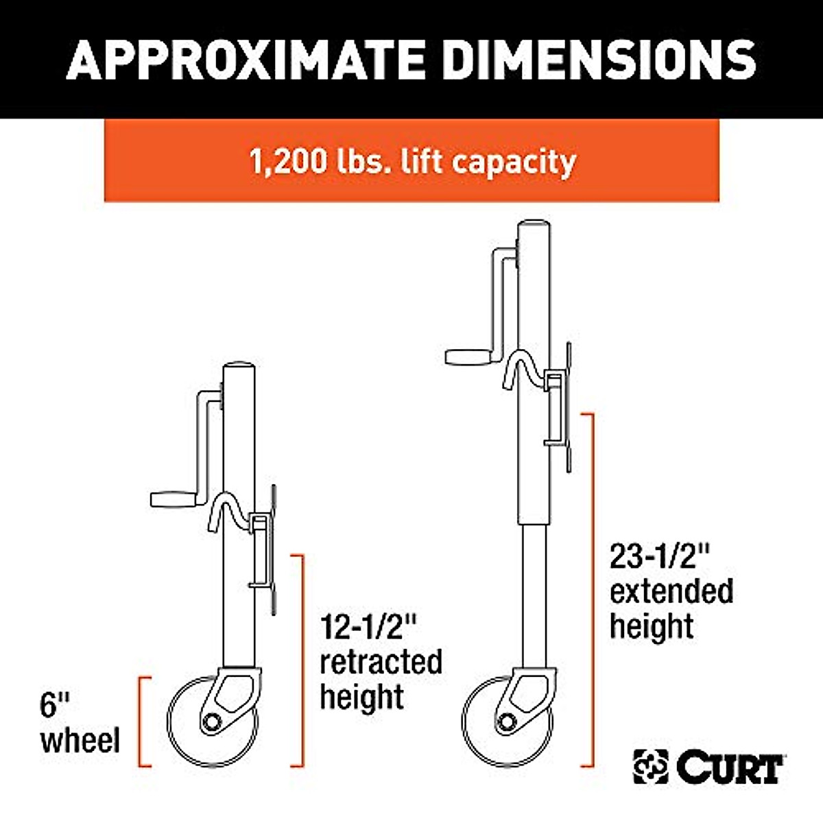 CURT 28113 Marine Boat Trailer Jack with 6-Inch Wheel, 1,200 lbs. 11 Inches Vertical Travel, CLEAR ZINC