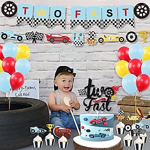 Race Car Two Fast Party Decorations Supplies Racing Theme 2nd Birthday Party Banner Race Car Second Birthday Cake Topper Checkered Flags Balloons for Let's go Racing Theme Sports Event Party Supplies