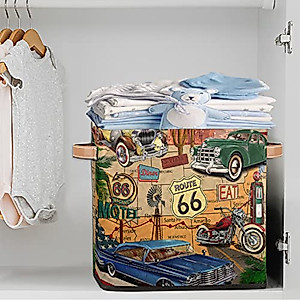 Repair Route 66 Retro Poster Cube Storage Bins 13 x 13 x 13 inch, Vintage Garage Fabric Organizer Bins Basket Boxes with PU Leather Handles Foldable Storage Cube for Clothes Bedroom Closet Shelves
