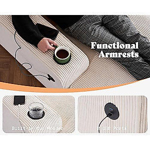 PaPaJet U Shaped Sofa, 7 Seater Sofa with USB Ports, Sectional Sofa Couch with Storage Chaise, Corduroy Beige