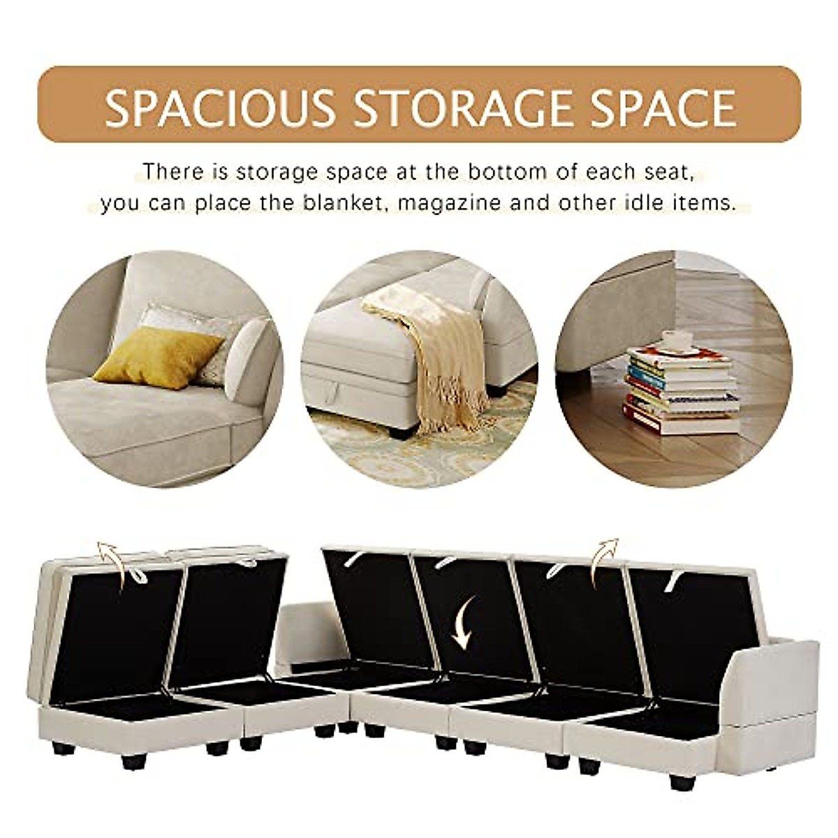 YUNLife&Home U-Shaped Oversized Modular Sectional Sofa,Convertible Sleeper Couch Bed with Reversible Chaise Lounge,Upholstered Tufted Cushion 6-Seat Sofá&Couches for Living Room Furniture Set