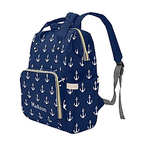 Yeshop Nautical Anchor Navy Blue Personalized Diaper Bag Backpack Tote with Name,Custom Travel Nappy Mommy Bag Backpack for Baby Girl Boy Gift, 10.83 inches * 6.69 inches* 15 inches