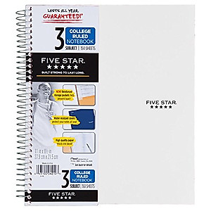 Five Star 06210 Wirebound 3-Subject Notebook, College Rule, 11 x 8 1/2, 150 Sheets, Assorted
