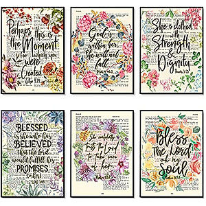 She Set of 6 - Proverbs 31:25, Esther 4:14, Psalm 46:5, Psalm 103.1, Luke 1:45, Psalm 112:7 Vintage Christian Bible Verse Page Art Prints, Unframed, Wall Art Decor Posters, 5x7 Inches