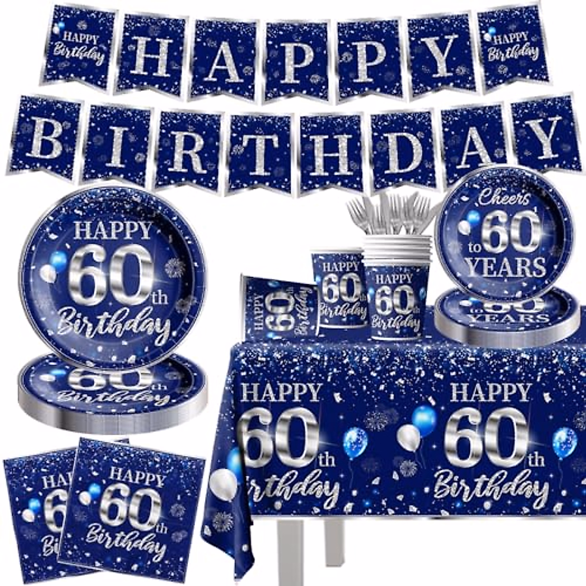 142 Pcs 60th Birthday Tableware Set Decorations Sliver and Blue 60th Happy Birthday Party Supplies for Men Women Birthday Tablecloth,Plates, Napkins, Cups,Forks and Knives