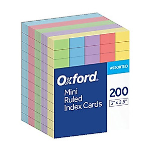 Oxford Mini Ruled Index Cards, Ruled, 3". x 2.5" , Assorted Colors, 200 ea