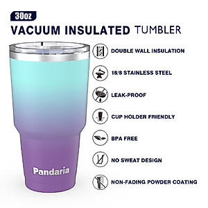 Pandaria 30 oz Insulated Tumblers with Lids and Straws, Double Wall Stainless Steel Tumbler with Straw, Reusable Spill Proof & Leak Proof Tumbler, Perfect for Iced Coffee, Tea & More, Sea