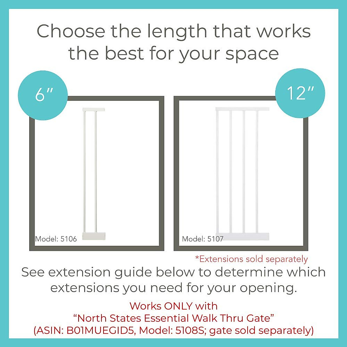 Toddleroo by North States 4 Bar Extension for Essential Walk Thru Baby Gate: Adjust your gate to fit your space, Add up to three extensions, No tools required, (Adds 12" width, White)
