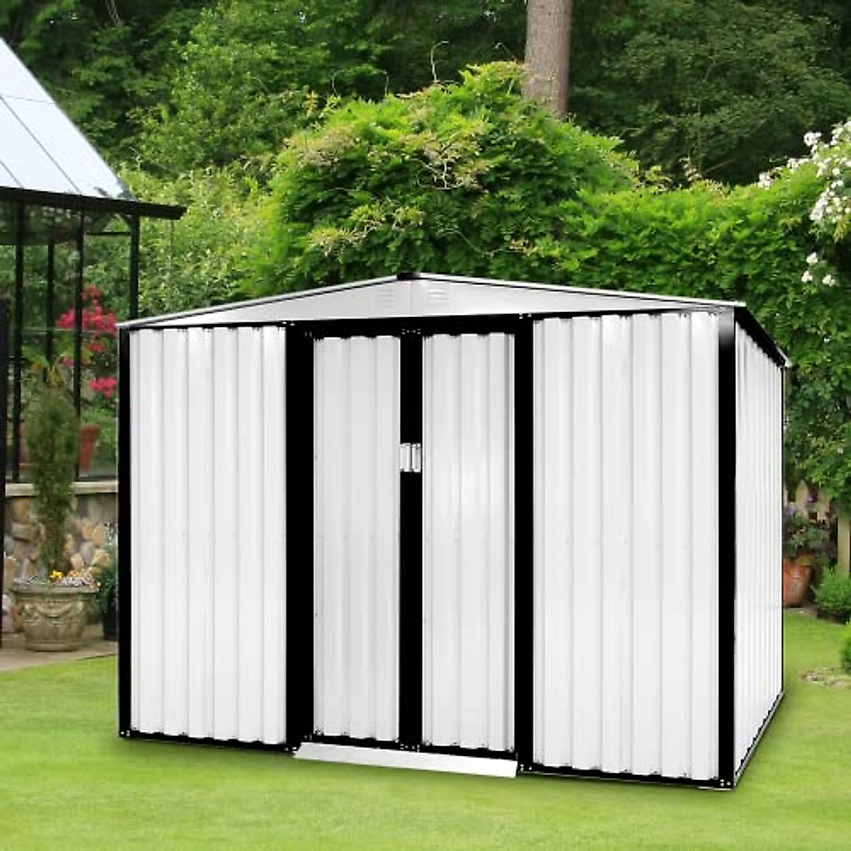 SOLAURA 8'x6' Outdoor Vented Storage Shed Garden Backyard Tool Steel Cabin (White)