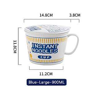 YULINJING Instant Noodle Bowl Ceramic with Cover Creative Ramen Soup Bowl Mug Cover Bento Box Student Lunch Box Bowl Tableware(800ML,Blue)