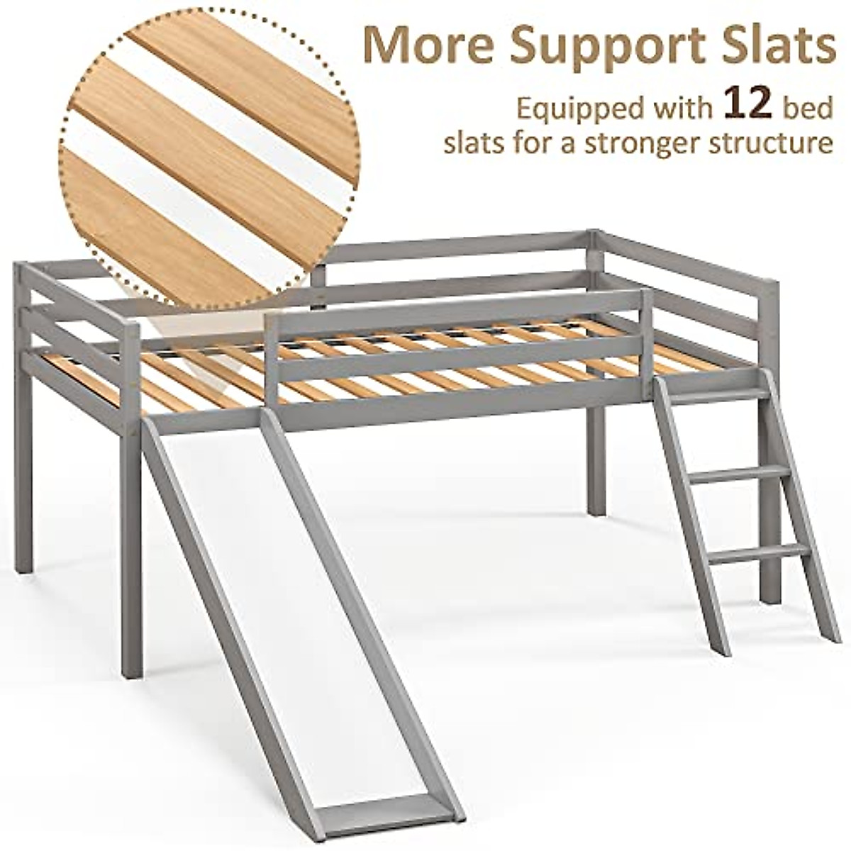 TOLEAD Loft Bed with Slide, Wood Twin Low Loft Bed with Climbing Ladder & Storage Space for Kids Toddler, Grey