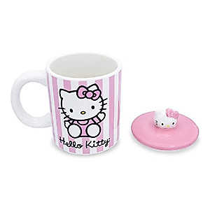 Toynk Hello Kitty Pink Stripes Ceramic Mug With Lid | Holds 18 Ounces