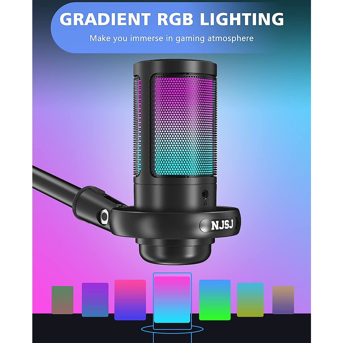 NJSJ USB Microphone for PC, Gaming Mic for PS4/ PS5/ Mac/Phone,Condenser Microphone with Touch Mute, RGB Lighting,Gain knob & Monitoring Jack for Streaming,Podcasting (with Desktop Stand, Black)