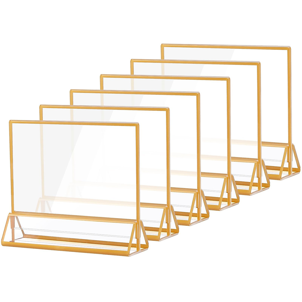 AMEITECH 6 x 4 Horizontal Acrylic Sign Holder with Gold Borders, Clear Double Sided Table Menu Stands Picture Frames for Wedding Table Numbers, Restaurant Signs, Photos and Art Display - 6 Pack