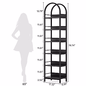 LITTLE TREE 6-Tier Open Bookshelf, 78.7" Tall Arched Bookcase, Black Wooden Bookshelf with Metal Frame, Freestanding Narrow Bookcase Display Shelves for Living Room, Bedroom, Office