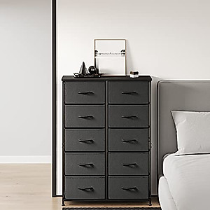 FEZIBO Dresser Organizer, Chest of Drawers-Dresser for Bedroom, Hallway, Entryway, Closets, Furniture Storage Tower-Steel Frame, Wood Top, 10 Drawers Organizer Units-Black Grey