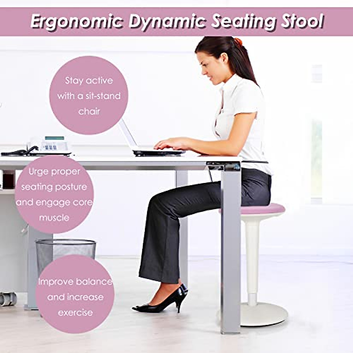 Giantex Wobble Stool Height-Adjustable Standing Desk Stool W/ Swivel, Tilt Motion, Premium Airlift, Wiggle Chair for Flexible Seating, for Junior, Home, Office, School Active Chair (Pink+White)