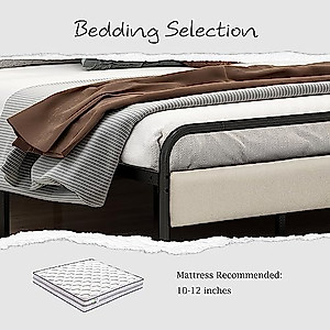 Tuconia Metal Platform King Size Bed Frame with Upholstered Headboard No Noise Easy Assembly Beige Linen