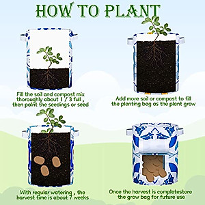 4 Pcs Boho Potato Grow Bags with Flap 5 Gallon Garden Planting Bag with Handles and Harvest Window Boho Garden Pots Thickened Tomato Planter for Potato Tomato Vegetable and Fruits