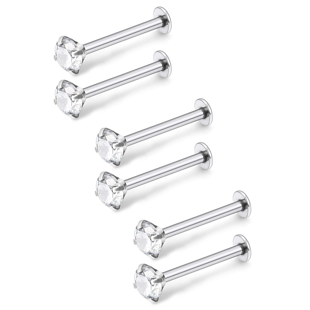 Dyknasz Labret Studs 16G Surgical Steel Monroe Barbell Lip Ring Piercing Jewelry 2mm Clear Diamond CZ with Flat Back for Women Men Silver-Tone