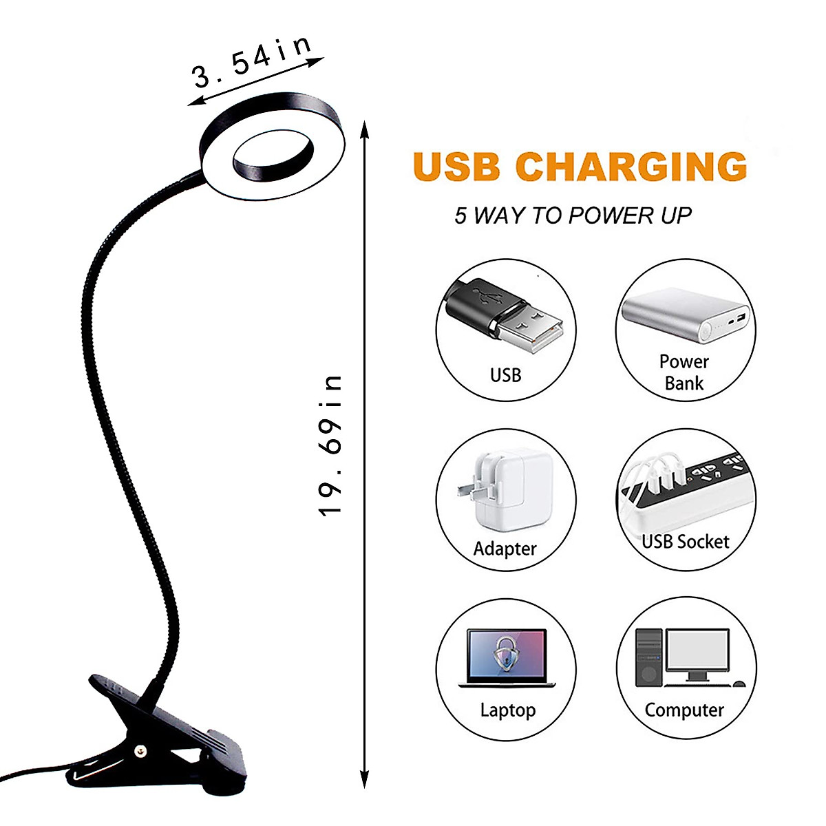 Earendil Desk Lamp,Clip On Reading Light,3 Color Modes 10 Brightness Level USB Charging Port 48 LED Eye Protection 360 Degree Spin Gooseneck Study lamp for Home Office Reading