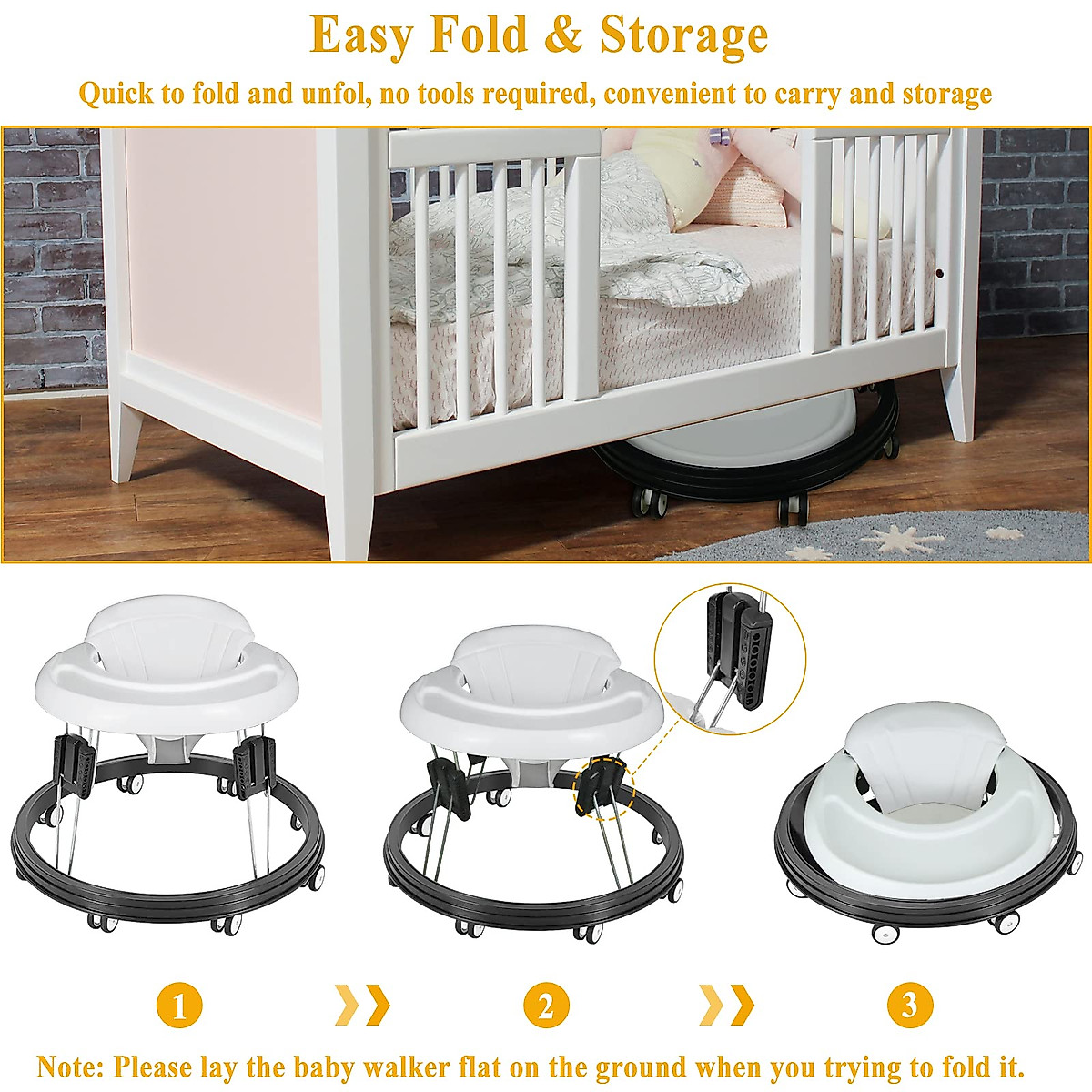 Baby Walker for Boys and Girls, Foldable Toddler Round Walker with Adjustable Height, Detachable Seat Cover and Mute Anti-Rollover Baby Walker, Suitable for Height 65-88cm