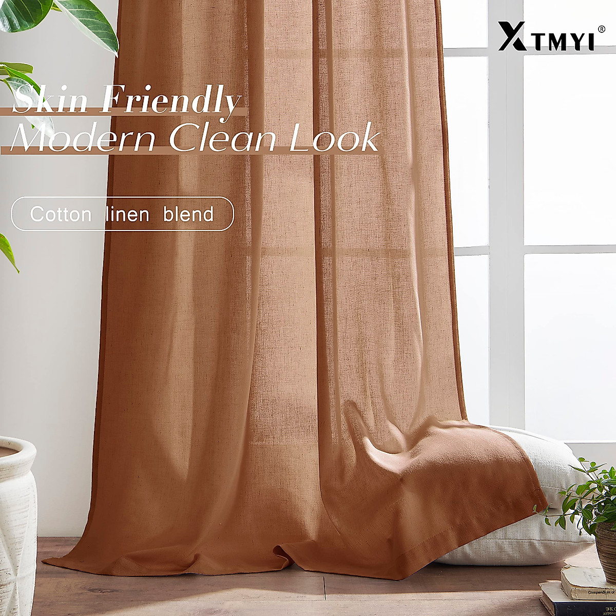 XTMYI Bohemian Rustic Curtains for Living Room Decor 2 Panel Set Linen Cotton Sheer Back Tab Hooks Pleated Fall Curtains for Bedroom Window,Pale Copper Rust Terracotta,96 Inch Long
