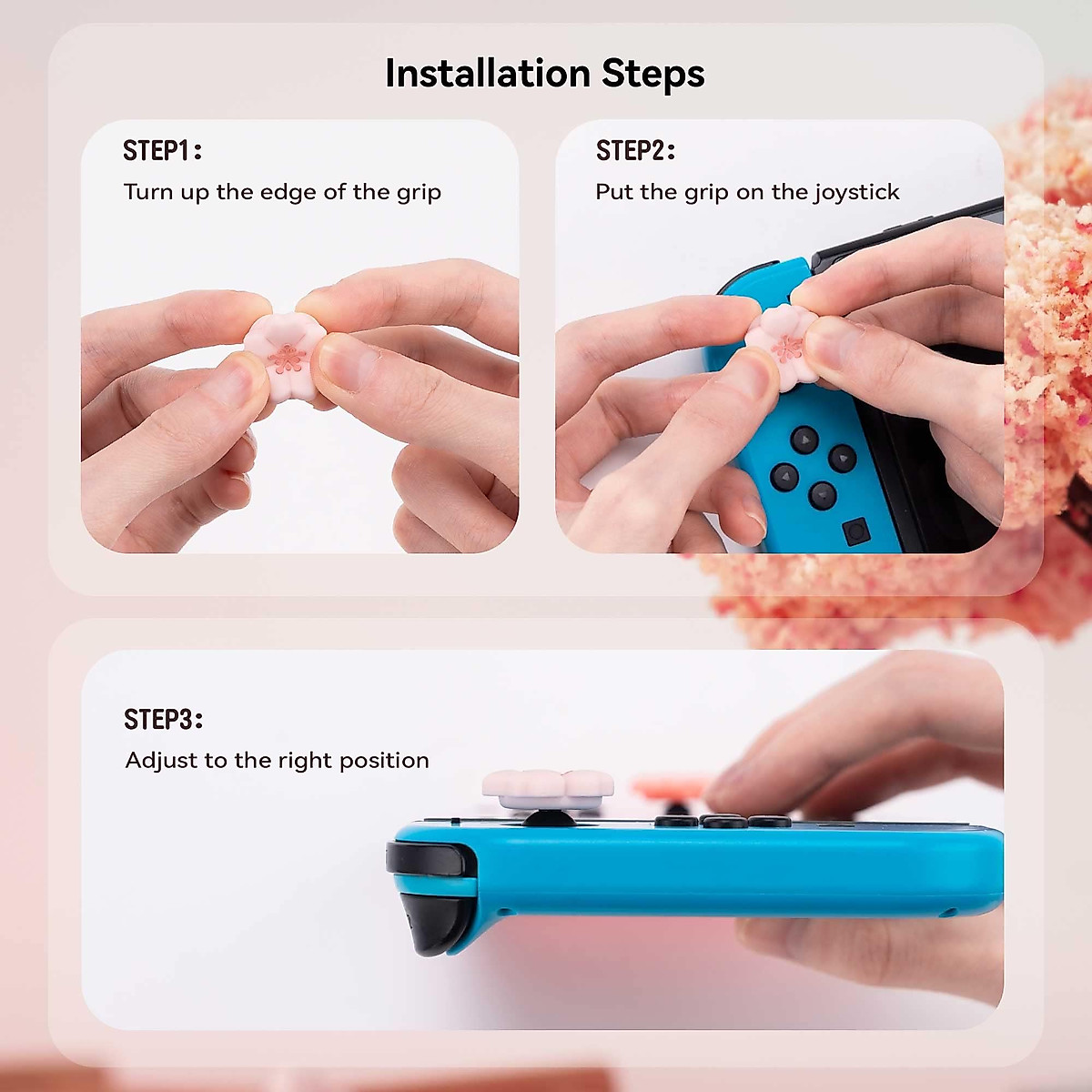 GeekShare 4PCS Silicone Joycon Thumb Grip Caps, Kawaii Cherry Blossom Joystick Cover Compatible with Switch/OLED/Switch Lite (Sakura)