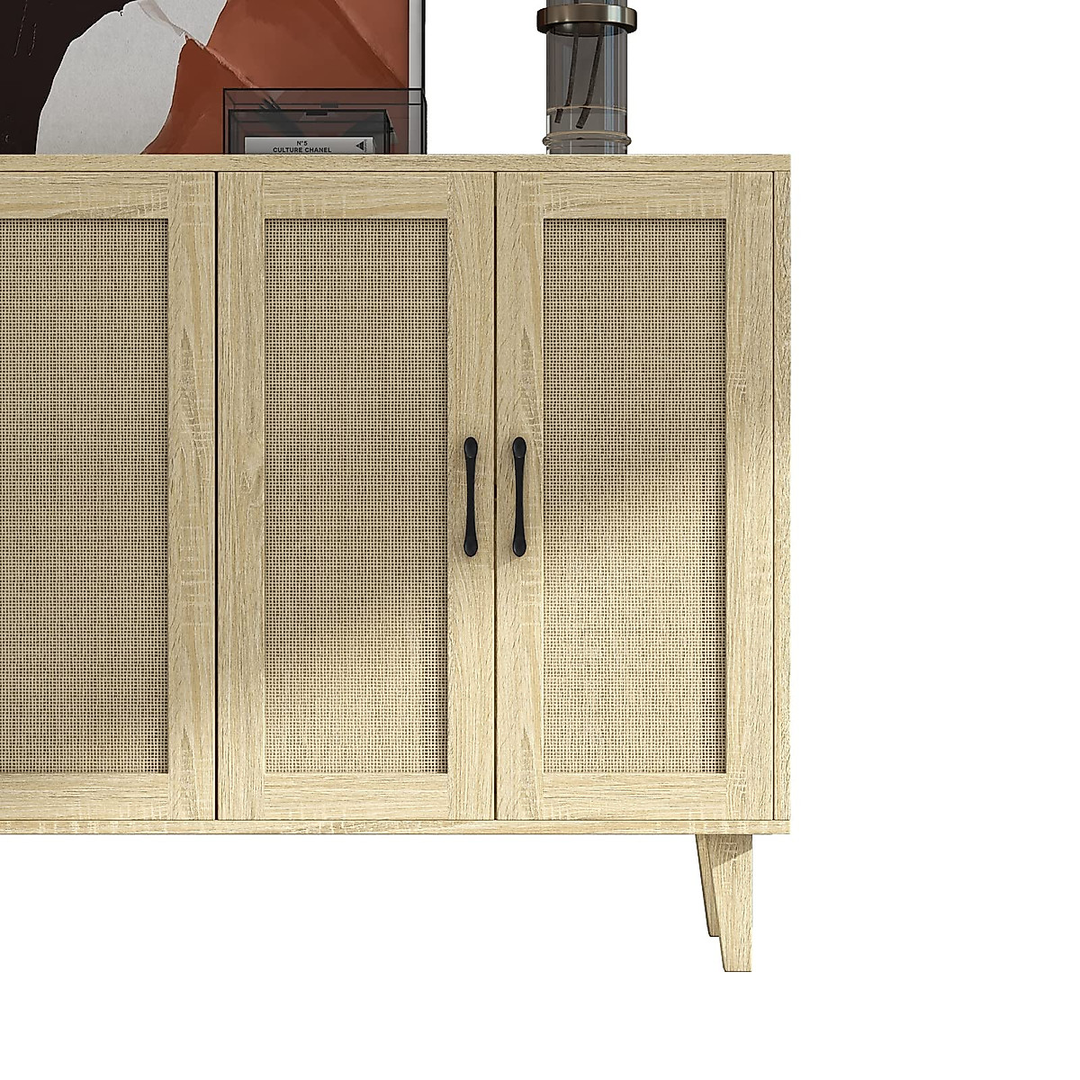 Panana Buffet Storage Cabinet with Rattan Decorating 4 Doors Living Room Kitchen Sideboard 48.43 x 34.65 x 15 inch (Natural Wood)