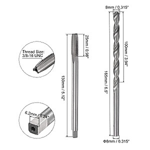 uxcell Tap & Bit Sets, 3/8-16 UNC H2 Straight Flute Machine Thread Milling Tap Extra Long, 8mm High Speed Steel (HSS) Twist Drill Bit