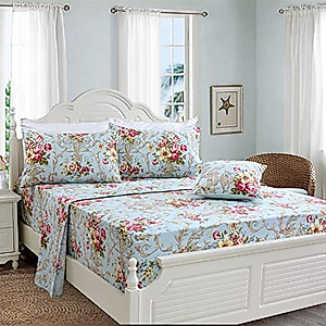 FADFAY Shabby Floral Bedding Elegant Peony Sheets Set Luxury Bedding Collections 800 Thread Count 100% Egyptian Cotton Deep Pocket, 4 Piece-California King Size