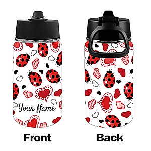 Personalized Kids Water Bottles with Silicone Straw Lid, Custom Stainless Steel Cute Funny Thermos with Name Text for Girls & Boys, Perfect for Travel, School, Outdoors, and Gym - Ladybugs