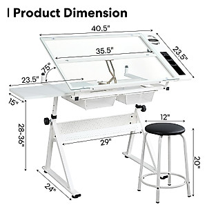Miscoos Adjustable White Tempered Glass Drafting Table with Chair, 39.76" x 23.60" | Steel Frame, Anti-Slip Feet, Storage & Pen Holder