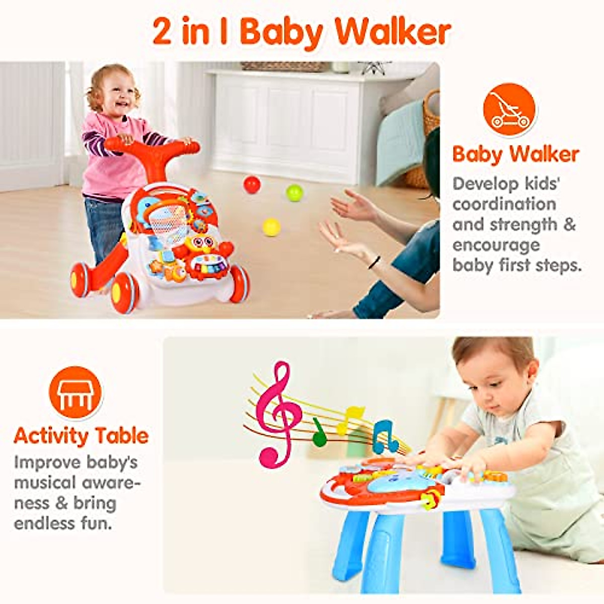 2-in-1 Baby Walker for Girls Boys, Sit to Stand Learning Walker and Activity Center Table, Educational Baby Push Walker, Musical Infant Toys for 1 Year Old Kids Birthday Gift for 6 9 12 18 24 Months