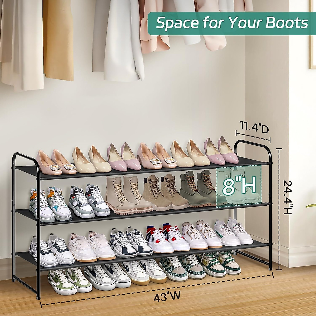 AOODA Long 3 Tier Shoe Rack for Closet Entryway, Stackable Wide Shoe Storage Organizer Holds 24 Pairs Sneaker Shelf for Bedroom, Floor, Garage, Dorm (Black)