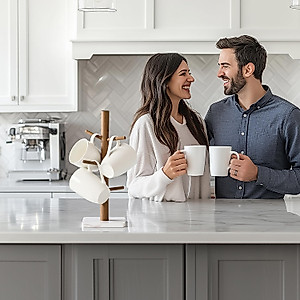 Buruis Wood Mug Holder, Marble Base Cup Rack Tree, Mug Stand Hanger, Kitchen Coffee Mug Tree Countertop Tea Cups Holder Stand, Coffee Cup Dryer with 6 Hooks