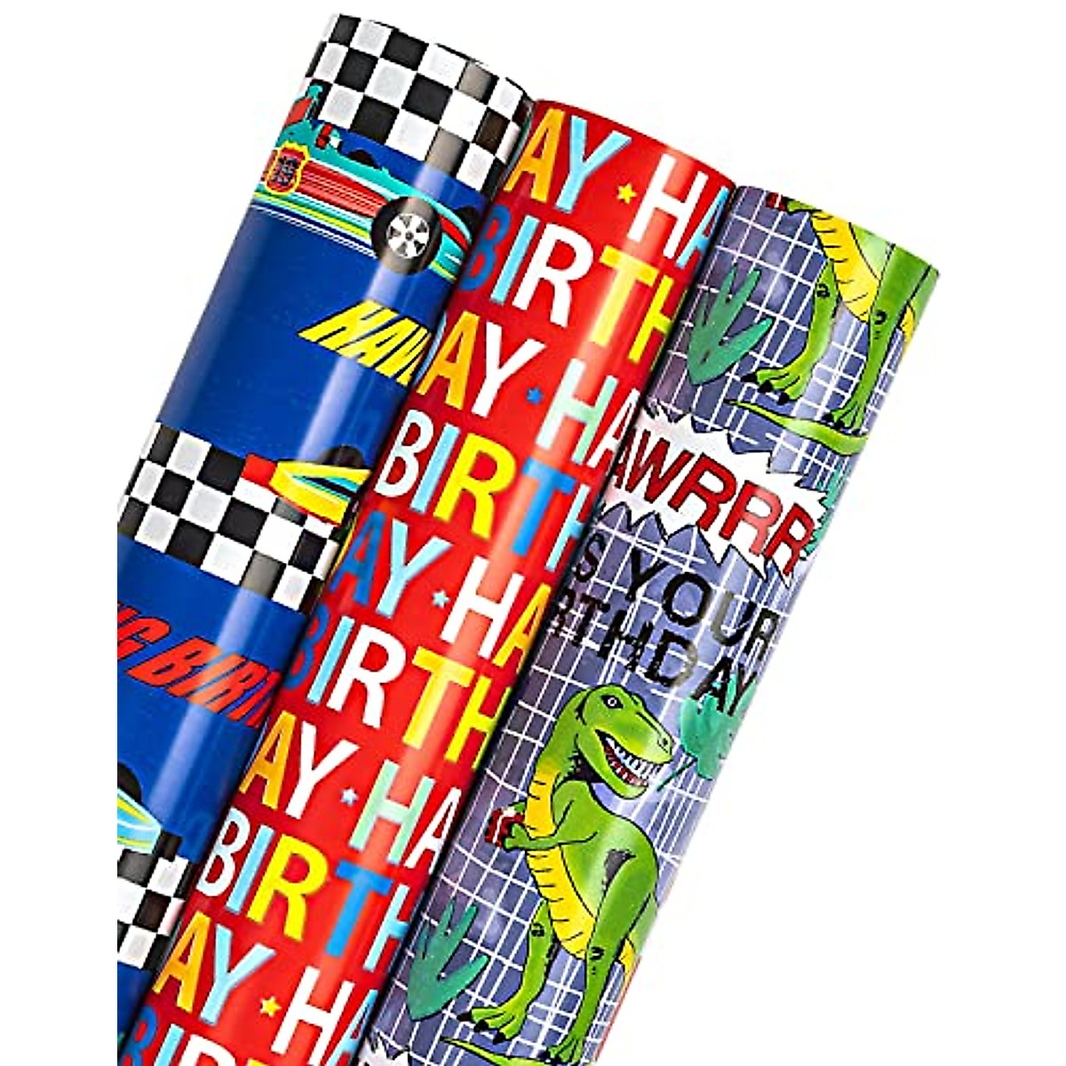 WRAPAHOLIC Birthday Wrapping Paper Roll - Mini Roll - 3 Rolls - 17 Inch X 120 Inch Per Roll - Dinosaurs/Racing Car/Happy Birthday Lettering for Kid's Birthday, Baby Shower